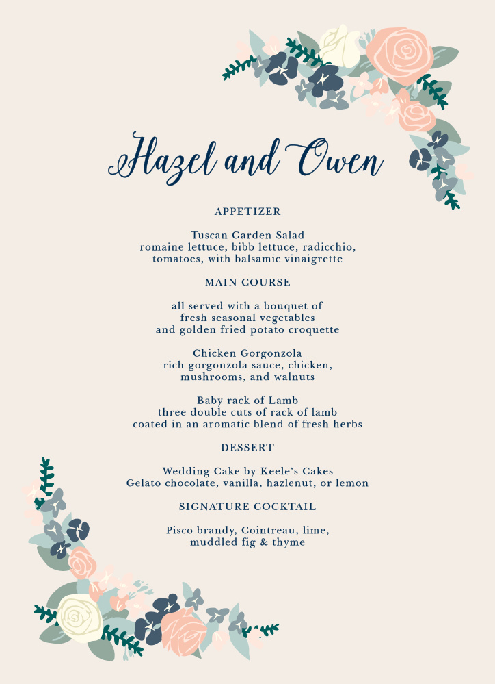 Illustrated Corner Wreath Wedding Menus by Basic Invite