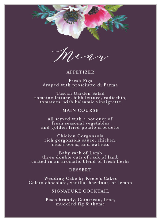Dinner Wedding Menus - Match Your Color & Style Free!