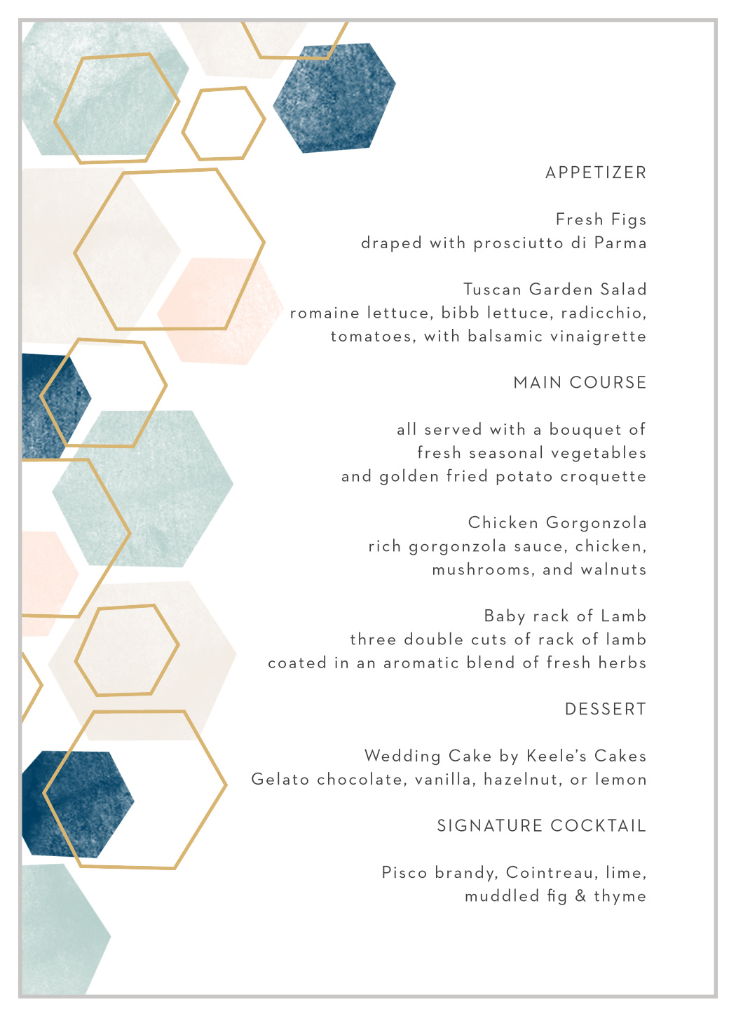 Geometric Watercolor Wedding Menus by Basic Invite