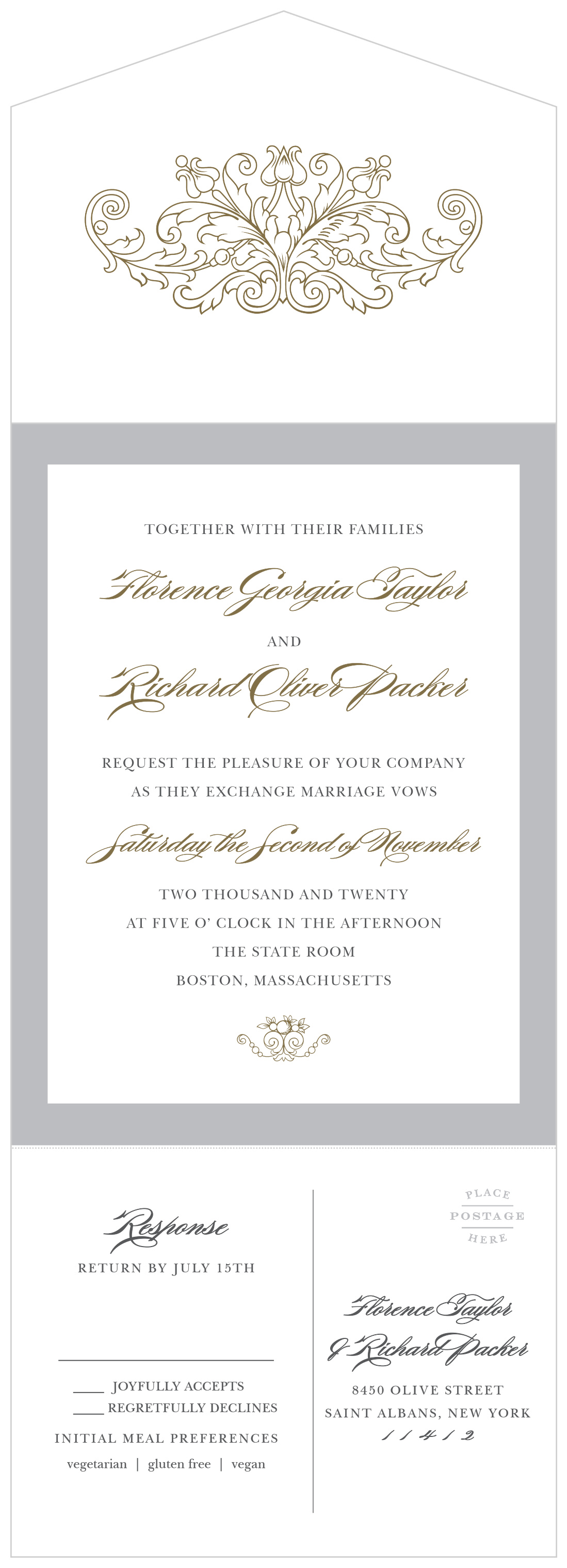 Vintage Damask Seal & Send Wedding Invitations