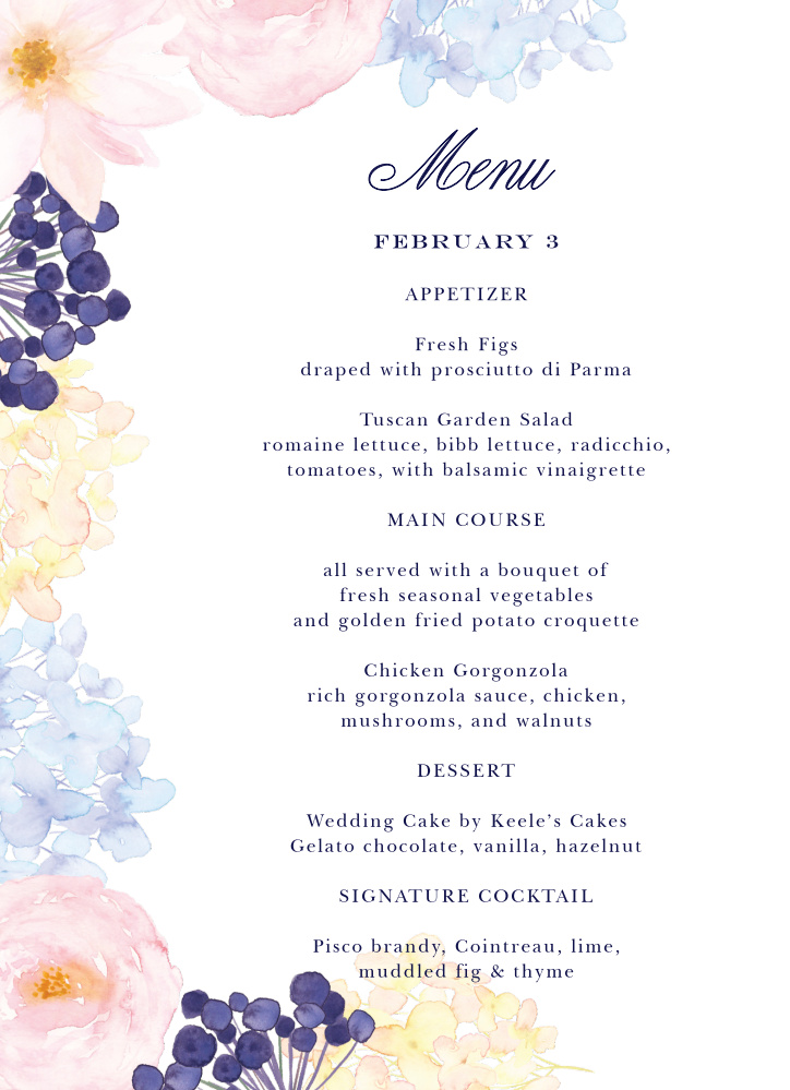 Pastel Watercolors Wedding Menus by Basic Invite
