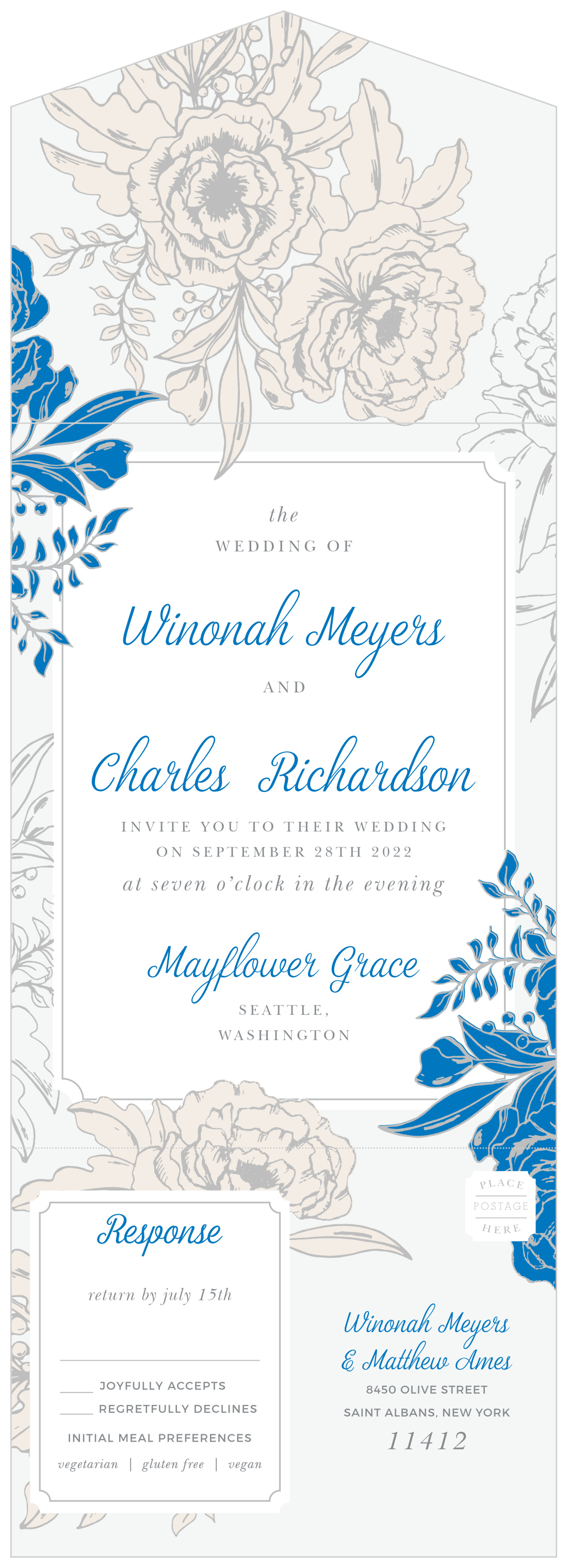 Peony Draped Seal & Send Wedding Invitations by Basic Invite