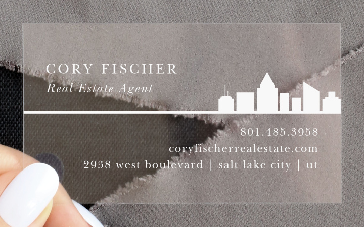 Metropolitan Skyline Clear Business Cards by Basic Invite