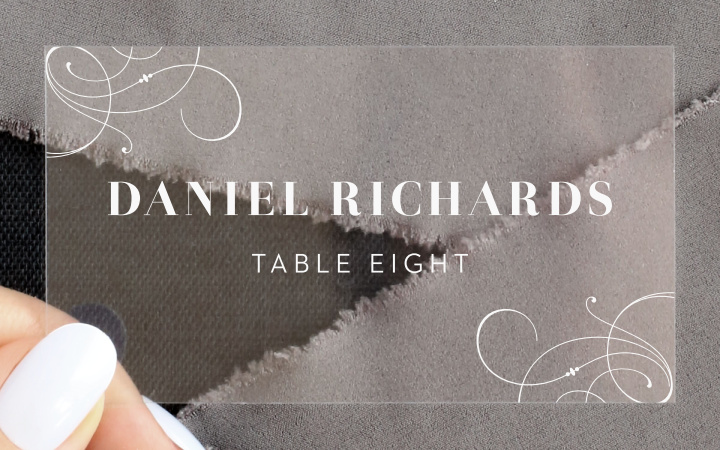 Bold Swash Clear Place Cards by Basic Invite