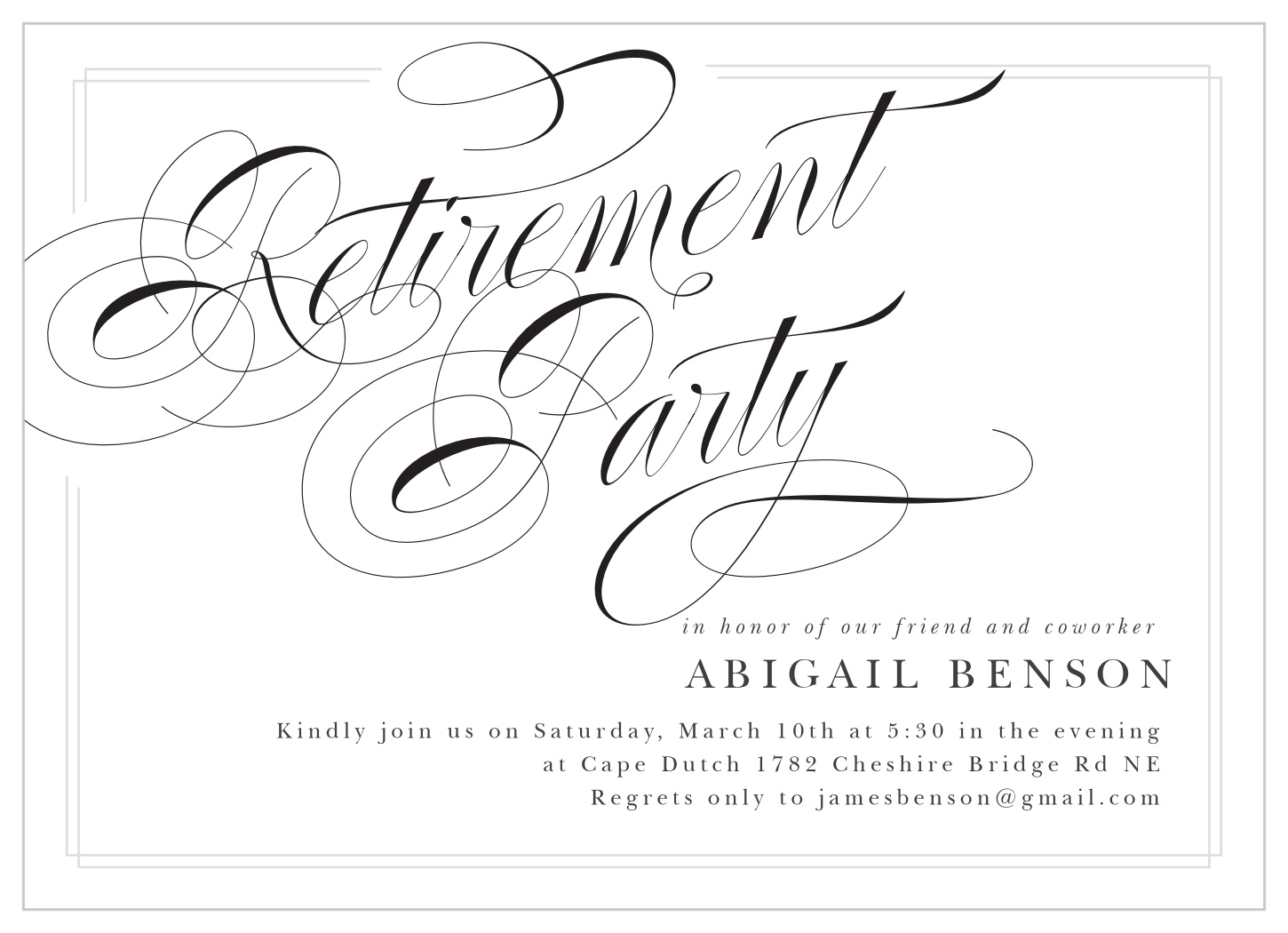 Elegant Calligraphy Retirement Invitation by BasicInvite.com