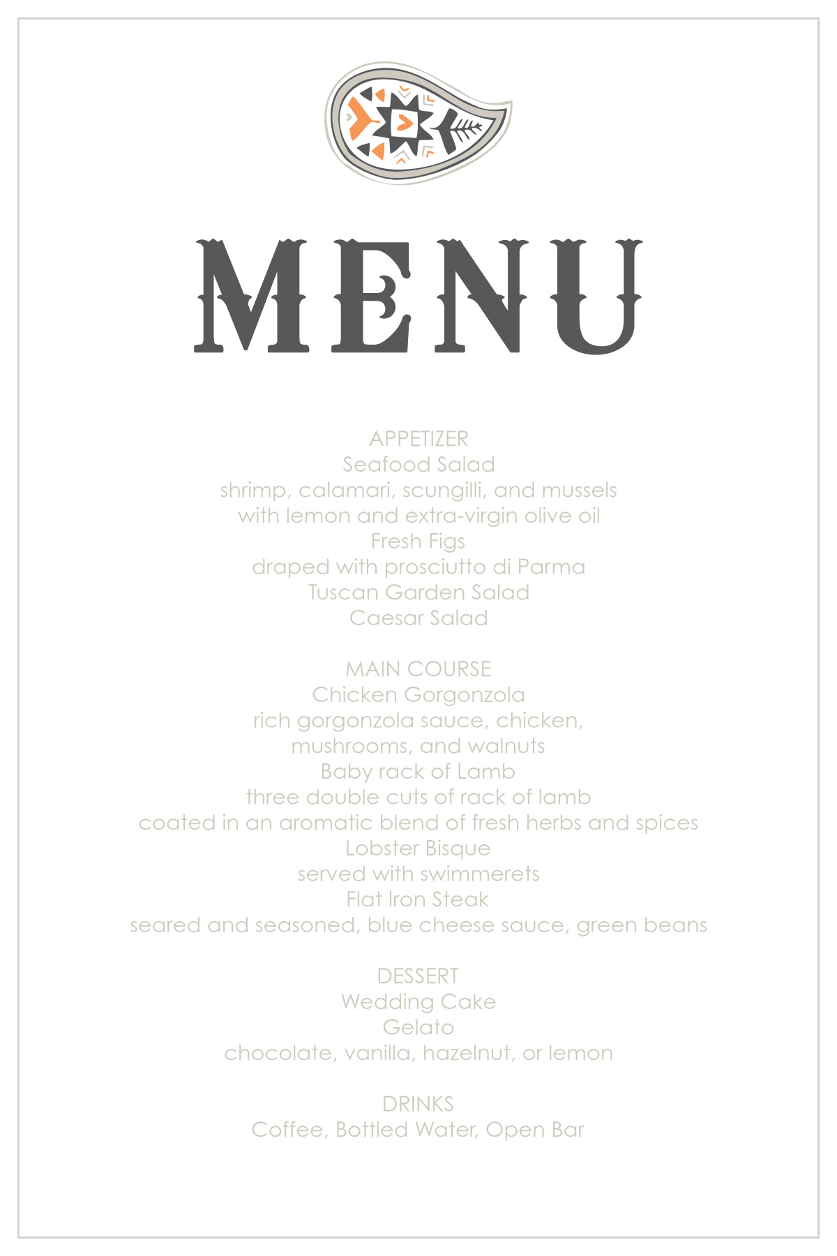 Modern Paisley Wedding Menus by Basic Invite