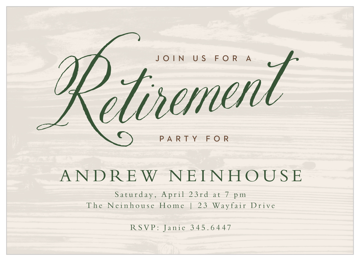 Countryside Woodgrain Retirement Invitations by BasicInvite.com