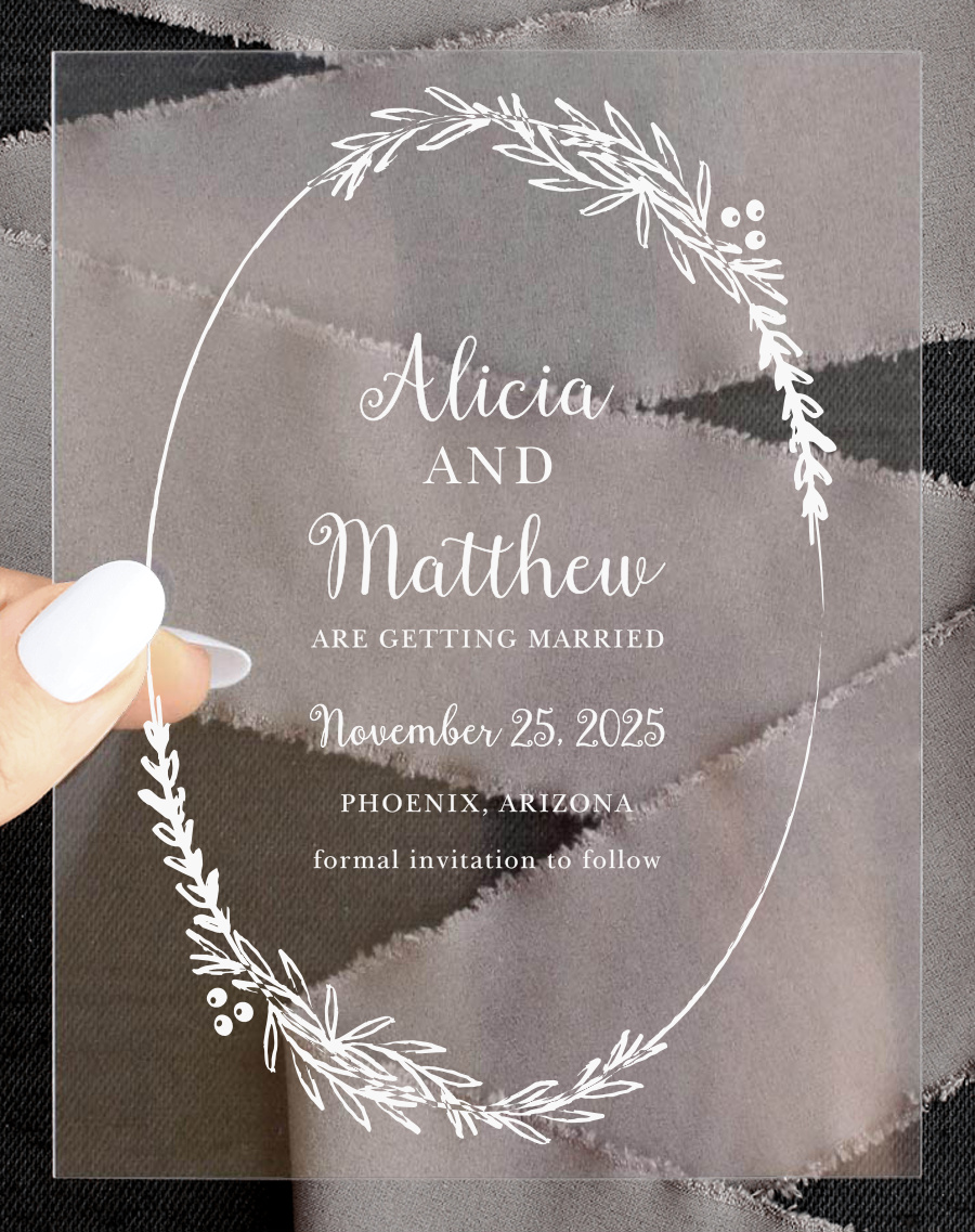 Delicate Laurel Clear Save the Date Cards by Basic Invite
