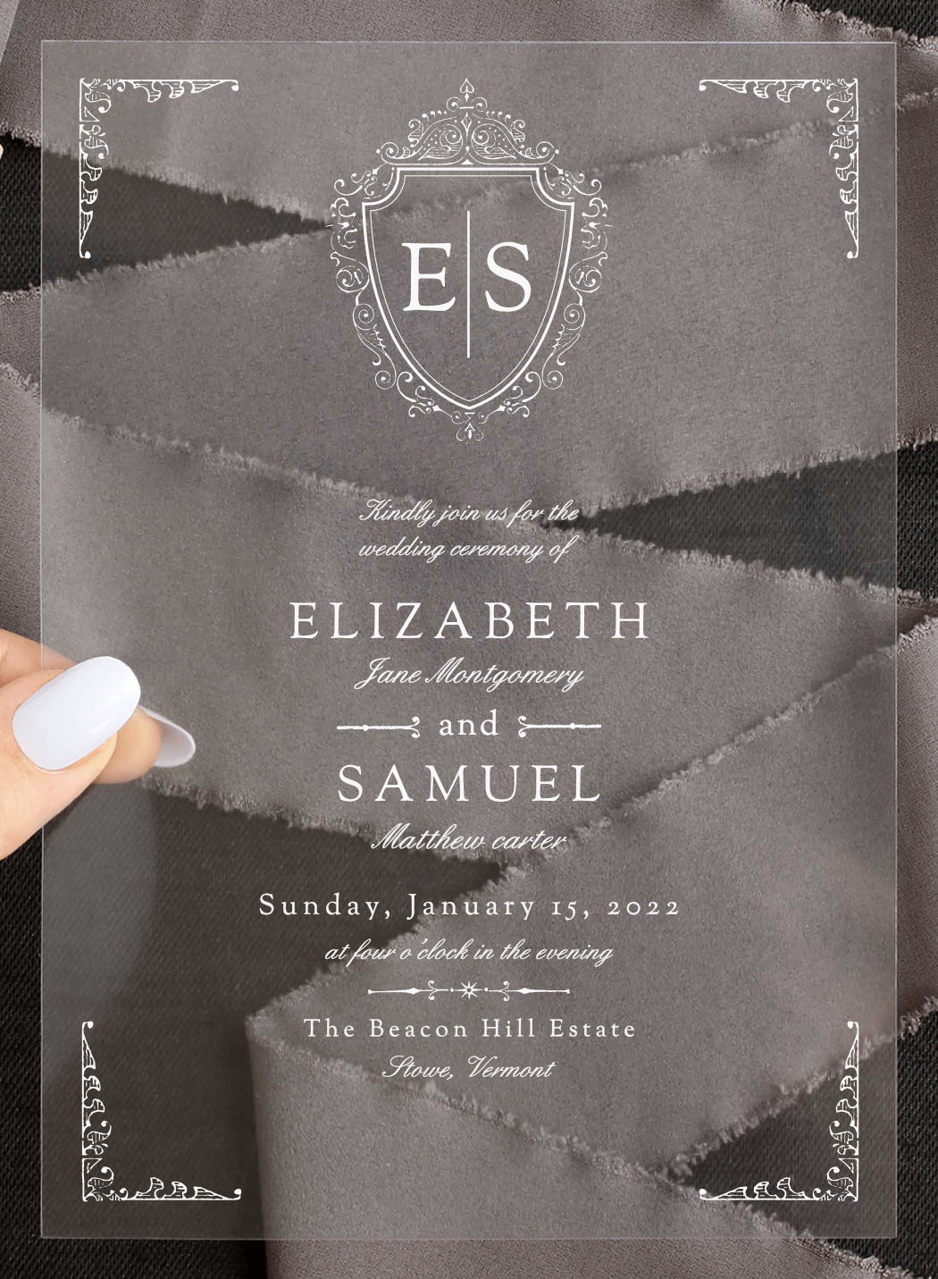 Scroll Monogram Clear Wedding Invitations by Basic Invite