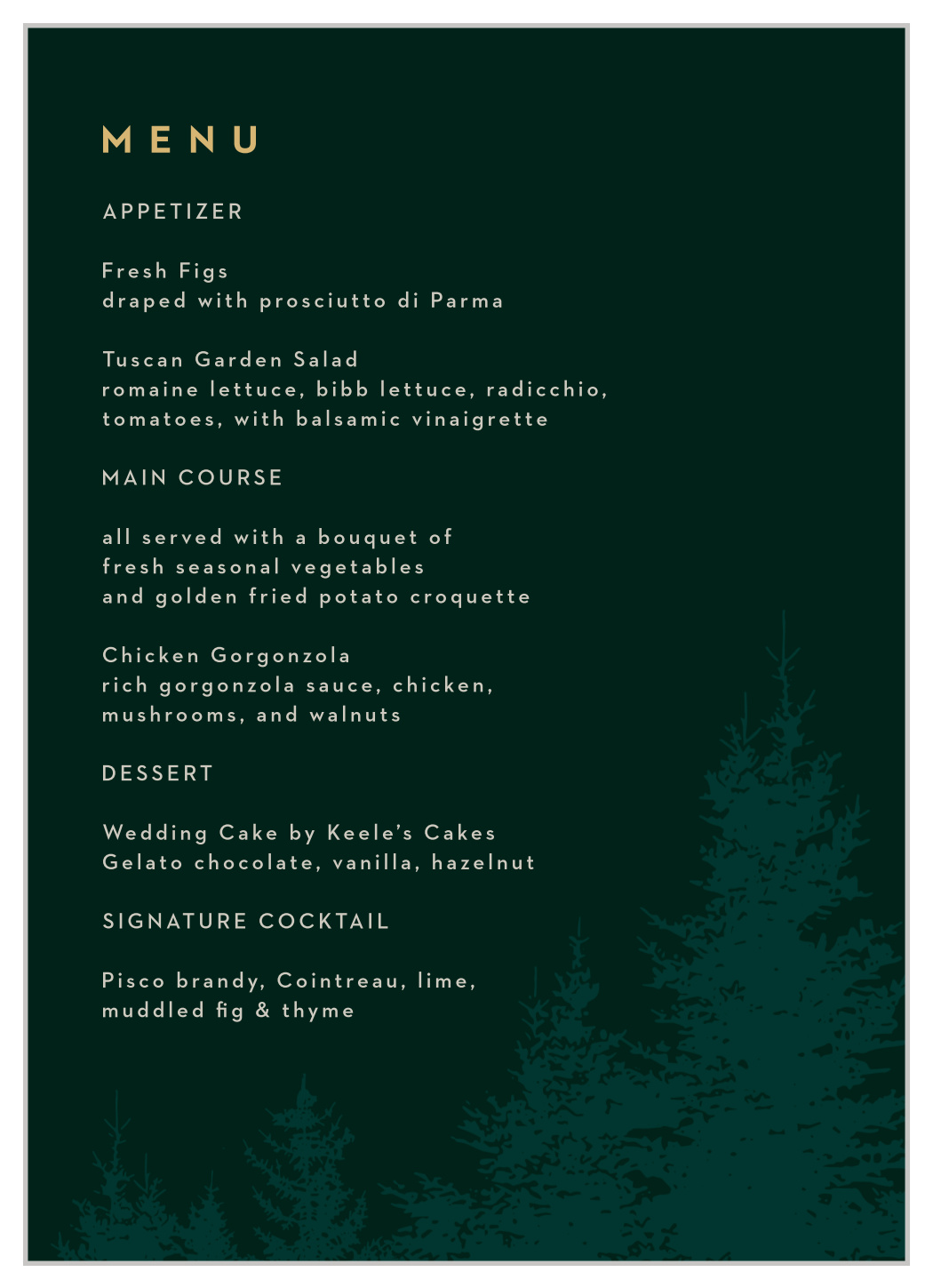 Mountain Spruce Wedding Menus by Basic Invite