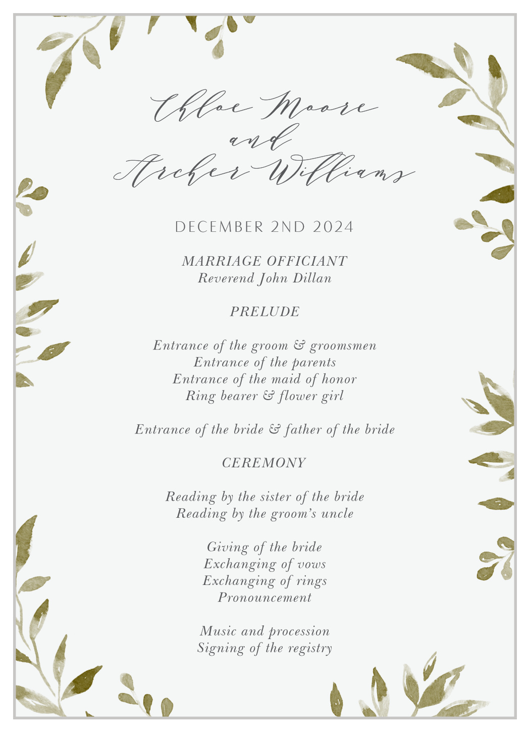 Evergreen Leaves LDS Wedding Programs by Basic Invite