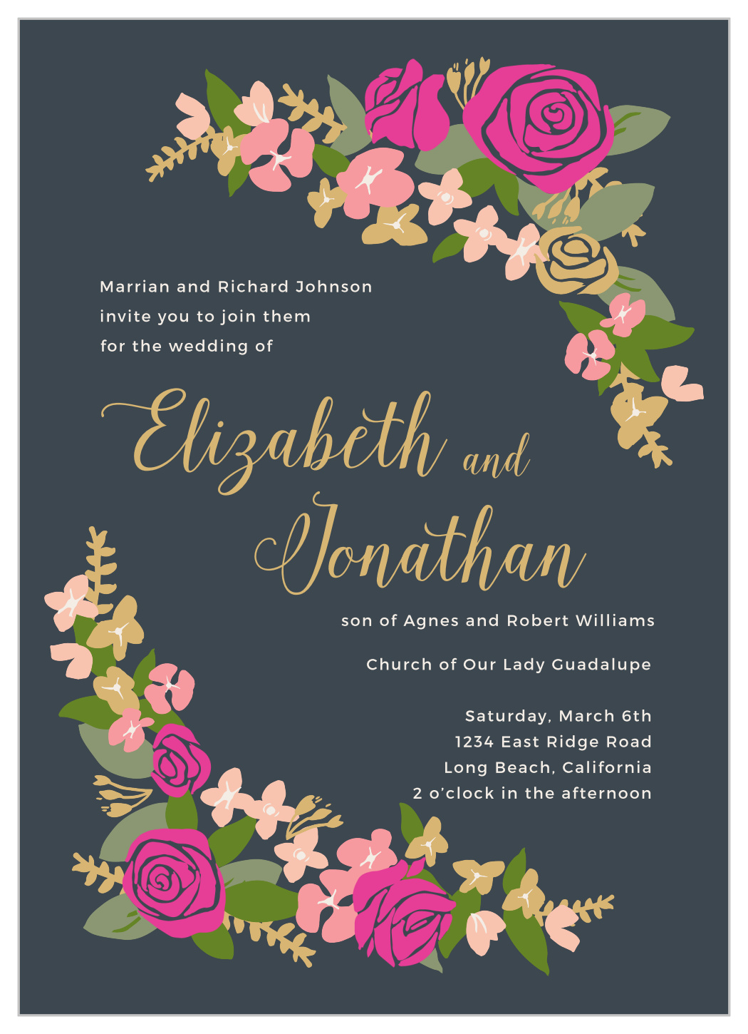 Illustrated Corner Wreath Foil Wedding Invitation